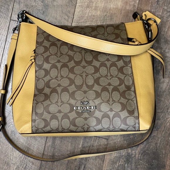 Coach | Bags | Coach Leather Brown And Yellow Signature Shoulder Bag ...
